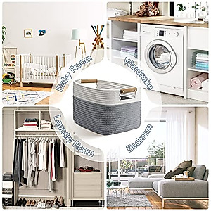LOVSTORAGE Cotton Rope Basket for Storage, Set of 3 Storage Baskets for Organizing with Handles Woven Laundry Basket in Living Laundry Room for Blankets Toys Throws Pillows Towels 15"x10"x9" White/Grey