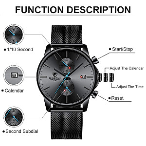 GOLDEN HOUR Men’s Watch Fashion Sport Quartz Analog Mesh Stainless Steel Waterproof Chronograph Watches, Auto Date in Blue Hands, Color: Black