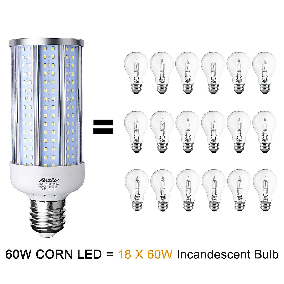 Auzilar 60W LED Corn Light Bulb (E39 Large Mogul Base) 6000Lm 6500K Cool White, for Metal Halide HID HPS Replacement Garage Parking Lot High Bay Warehouse Street Lamp Lighting, 85V-265V
