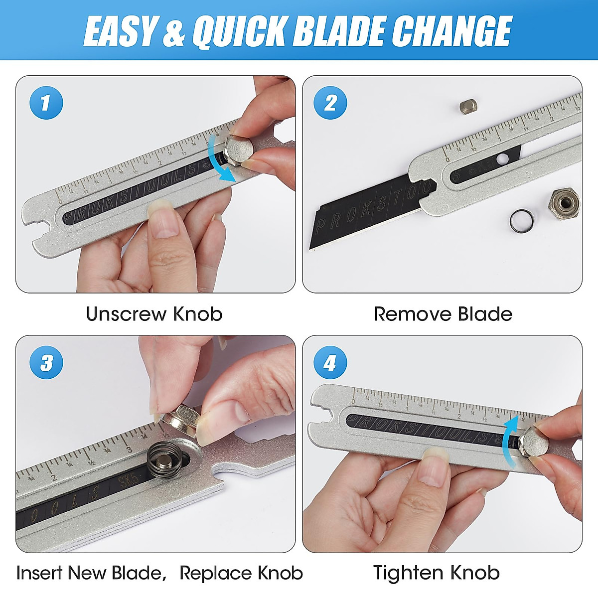 Tomorotec 4-In-1 Multifunctional Utility Knife, Stainless Steel Box Cutter Retractable w/ 10 SK5 Replacement Blades, Mutipurpose for Knife, Ruler, Bottle Opener, Wrench, Heavy-Duty for Office Home Use