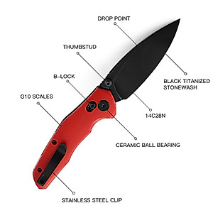 BESTECHMAN Ronan EDC Folding Knife Red G10 Handle Pocket Knife, 14C28N Steel Thumb-Stud Outdoor Tools, BMK02J (Red Handle)