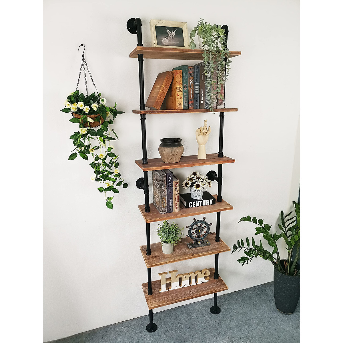 Anynice Industrial Ladder Pipe Shelves, Wall Mounted Rustic Bookshelf, Retro Metal Wood Bookcases (Weathered Brown, 6 Tier - 10" D x 24" W x 82.5" H)
