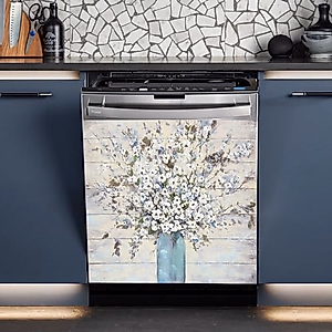 FRES Vase Flower Dishwasher Magnet Covers for The Front,Wood Texture White Floral Refrigerator Magnetic Stickers,Oil Painting Spring Home Cabinet Decor Panel Decal 23x26inch