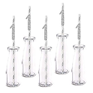Silver Happy 1st Birthday Straw Decor, Silver Glitter 24pcs Cut-Out Number 1 Party Drinking Decorative Straws, Supplies