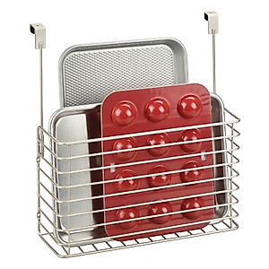 mDesign Metal Wire Kitchen Bakeware Organizer Basket - Hang Over Cabinet Door - Storage for Baking Sheets, Cupcake Tins, Cutting Boards, Foil, or Plastic Wrap - Concerto Collection - Matte Satin