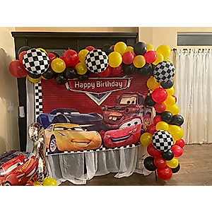 GYA 7x5ft Cartoon Racing Mobilization Birthday Themed Backdrops Racing Flag Black White Grid Red Photo Backgrounds for Photography Party Banner Photo Booth Props