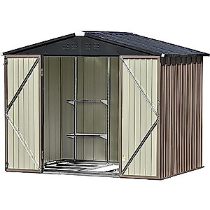 Merax Outdoor Storage Shed, 8X 6 FT Metal Garden Shed Steel Tool Shed Storage House with Adjustable Shelf and Lockable Doors,Tool Cabinet with Vents and Foundation for Backyard, Patio & Lawn, Brown