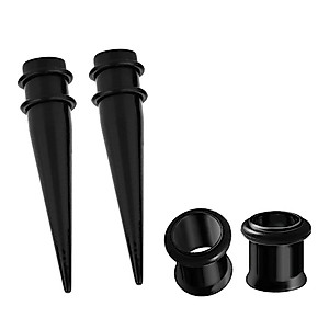 Bngukju 9mm Stainless Steel Ear Gauge Taper Stretching + Single Flare Plugs Flesh Tunnel Kit with O-Rings 2 Pairs (Black 9MM)