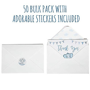 VNS Creations 50 Baby Shower Thank You Cards - Boy Baby Shower Thank You Cards- Baby Shower Cards - Elephant Baby Shower Thank You Cards - Baby Boy Shower Card with Envelopes & Stickers (Blue)
