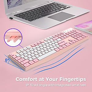 Lovaky Wireless Keyboard, 2.4G Ergonomic Wireless Computer Keyboard, Enlarged Indicator Light, Full Size PC Keyboard with Numeric Keypad for Laptop, Desktop, Surface, Chromebook, Notebook,PinkWhite