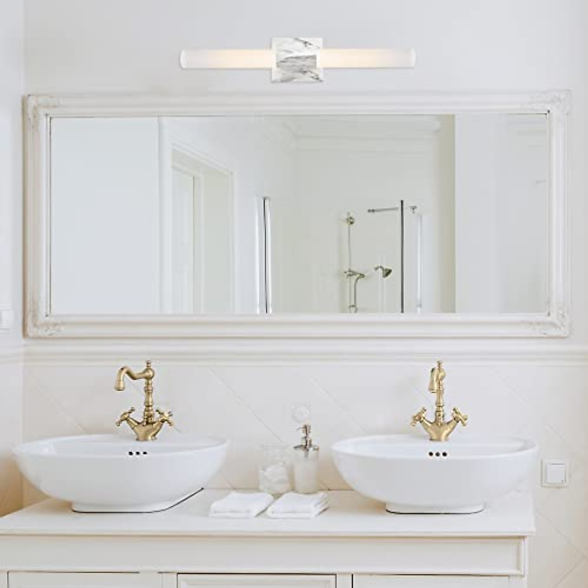 Globe Electric 51847 Edinburgh 2-Light LED Integrated Dimmable Wall Sconce Vanity Light, White Faux Marble, Frosted Acrylic Shades, 19W, 1200 Lumens