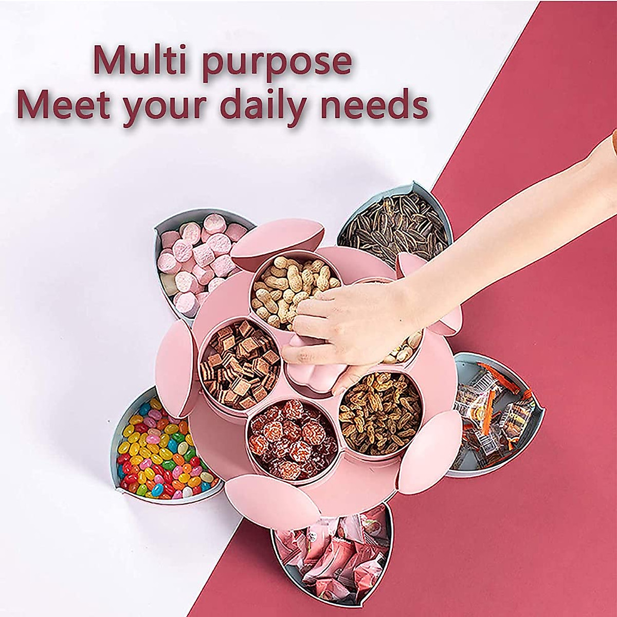 Ygapuzi Double Deck Snack Box Flower Shaped Rotating Candy Serving Containers, 10 Grid Creative Snacks Storage Tray for Dried Fruit, Nuts, Chips, Olives (New Pink)