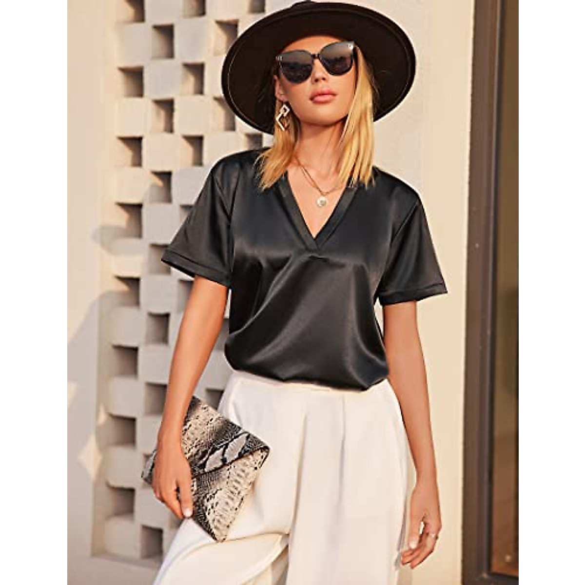 Ekouaer Womens Satin Sleepwear 2 Piece Pajamas Silk Pjs Short Sleeve Top and Loose Shorts Nightwear with drawstring Black