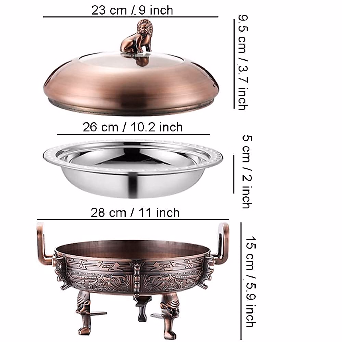 EdirFtra Round Copper hot Pot Set, Stainless Steel Buffet Set, Chinese Style hot Pot, with Food Plate, Aluminum Bracket, Cover and Fuel Bracket, 1L