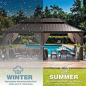 MELLCOM 12' x 20' Hardtop Gazebo,Galvanized Steel Metal Double Roof Gazebo with Curtain and Netting,Brown Permanent Pavilion Gazebo with Aluminum Frame for Patios,Gardens,Lawns