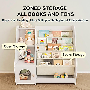 Montessori Kids Bookshelf, 5 Sling Baby Bookcase, 4 Tier Display Shelves, Wooden Book Rack, Toddler Toy Storage Organizer Cabinet, Floor Children Bookshelf Nursery Playroom Bedroom Library, White