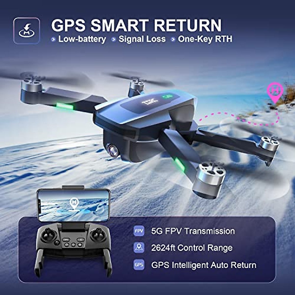 TENSSENX Foldable GPS Drone with 4K UHD Camera for Adults, TSRC Q5 Quadcopter with Brushless Motor, Auto Return, Follow Me, Circle Fly, Waypoint Fly, Beginner Mode, Headless Mode, 52 Mins Long Flight