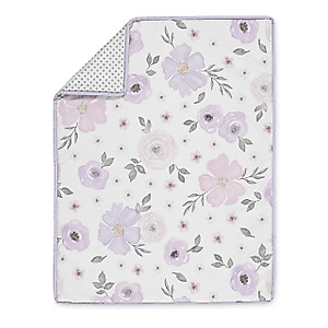 Sweet Jojo Designs Lavender Purple Boho Floral Girl Baby Crib Bedding Set Infant Nursery Room Quilt Fitted Sheets Skirt Pink Grey White Bohemian Shabby Chic Rose Watercolor Flower Farmhouse Polka Dot