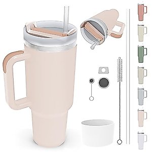 40oz Insulated Tumbler with Handle and Straw, Improved Leakproof Multifunctional Lid with Spill Stopper, Travel Mug for Hot & Cold Beverages with Cup Boot, Straw Cover & Straw Brush (Rose Blush)
