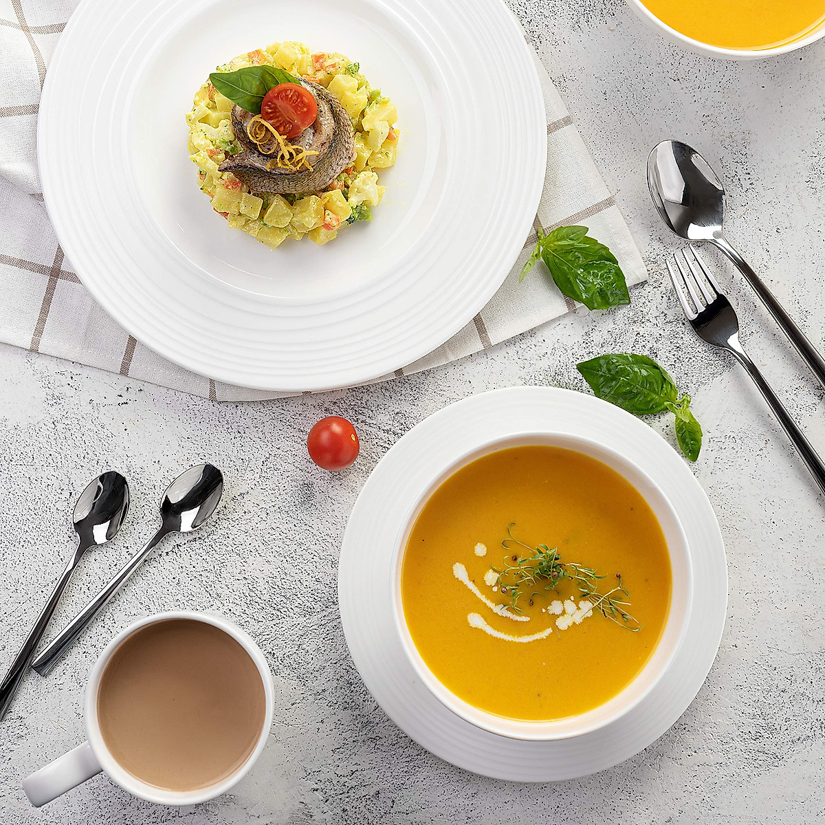 Divitis Home Infinity bone china dinnerware set 16pcs, Round Plates (Soup Bowls, Dinner Plates, Salad Plates), Dinnerware Sets, Dinner Plates, Plates and Bowls Sets (Infinity)