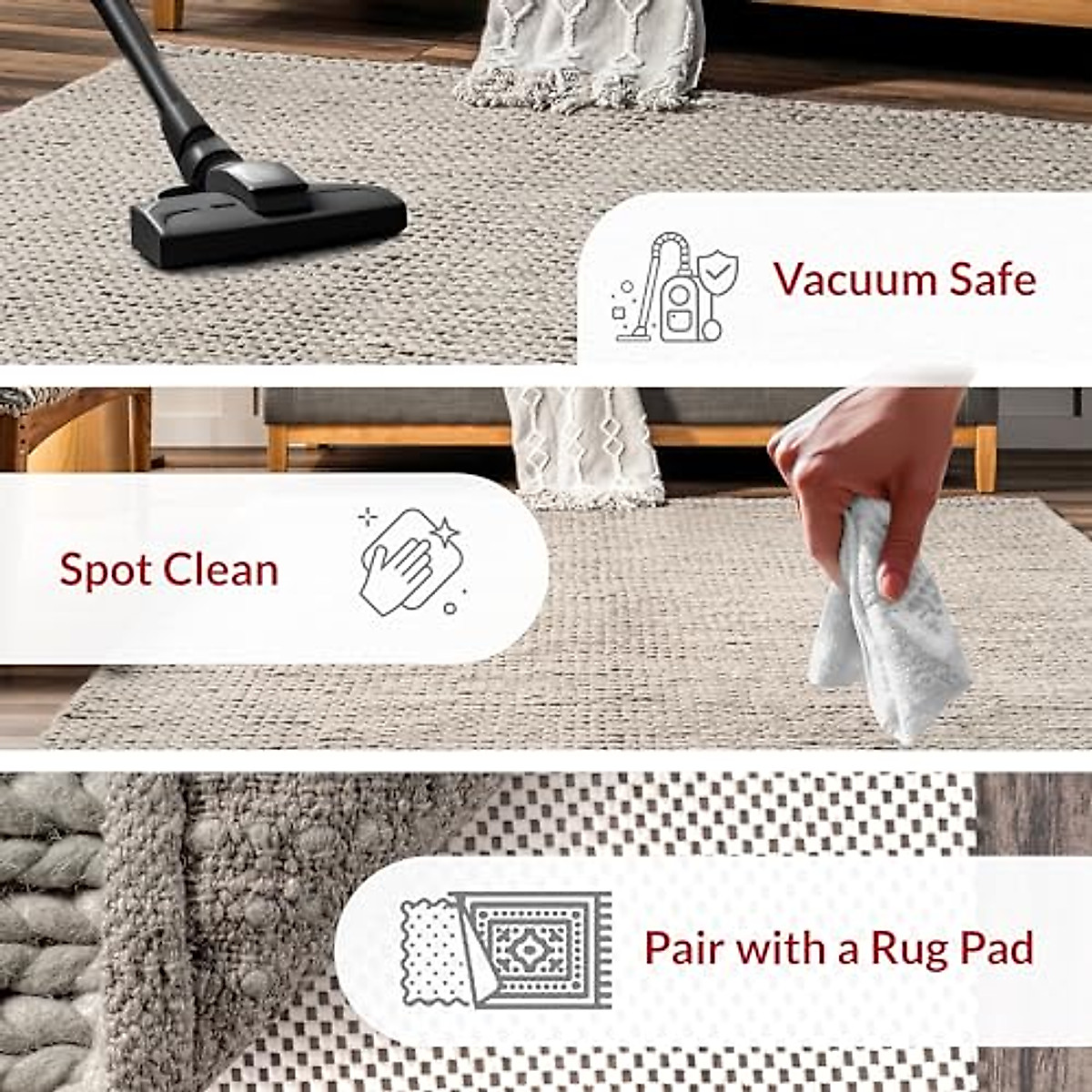 nuLOOM 5x8 Penelope Wool Braided Handmade Area Rug, Light Grey, Solid Rustic Farmhouse Style, For Bedroom, Living Room, Hallway, Entryway