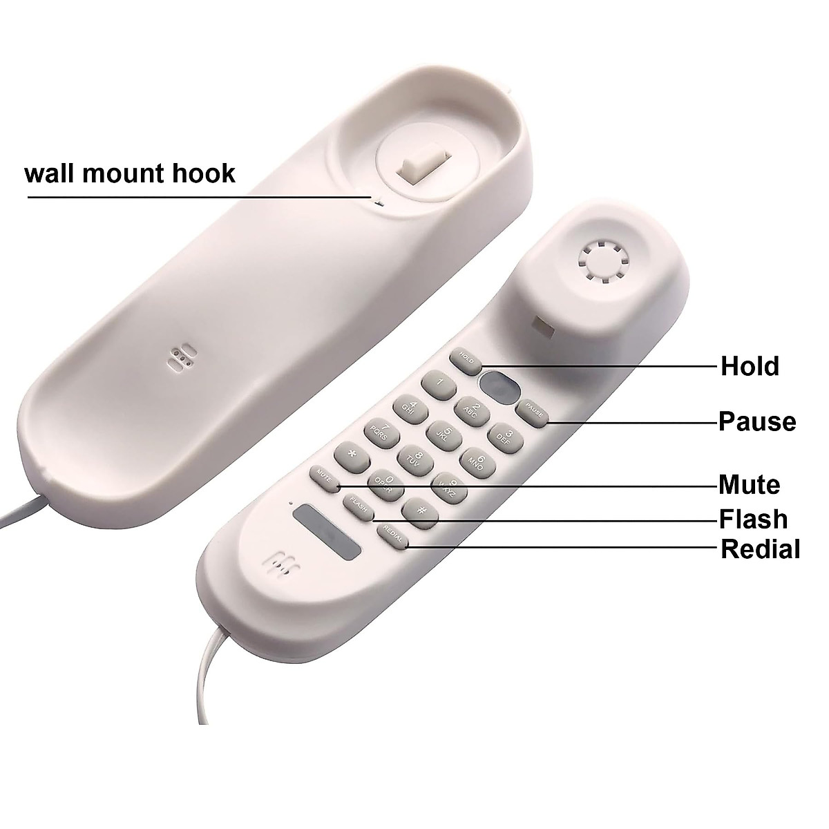 Corded White Wall Phone, TelPal Small Analog Wall Telephone for Seniors Home, Single Line Trimline Landline Phones, No AC Power or Battery Required