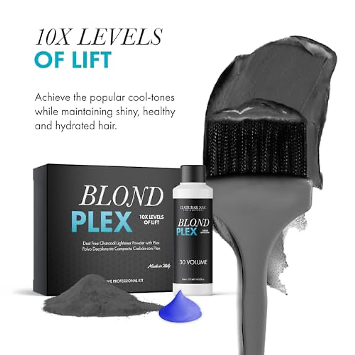 HAIR BAR NYC Blond Plex Extreme 10X Lightener + 30 Volume Anti-Yellow Violet Developer Kit - Black/Charcoal Dust-Free Hair Bleach with Keratin & Bond Building, Cool-Toned, Bright Finish Kit 60g/2.11oz