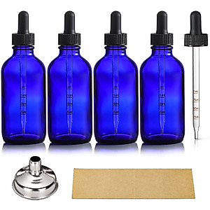 4 Pack 4oz Glass Dropper Bottles with Measured Dropper - 120ml Dark Blue Tincture Bottles with Graduated Calibrated Glass Eye Droppers (1ml) for Essential Oils, Liquids - Leakproof Travel Bottles