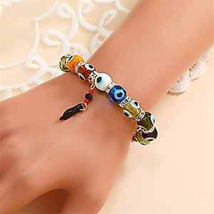 Lucky Colorful Turkish Evil Eye Bead Bracelet Black Azabache Hand Figa Kabbalah Stretchy Bracelet for Women Men Friend Handmade Protection Good Luck Amulet Jewelry-B rainbow