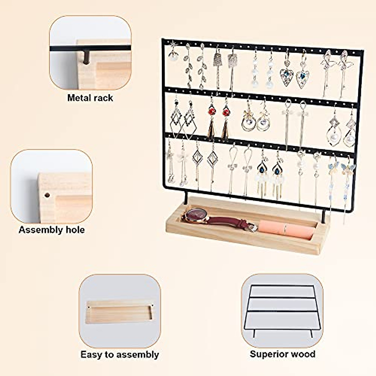sovia Earring Organizer 3-Tier 75 Holes Jewelry Organizer Display Stand,Metal Earring Holder with Wood Basic stand,Necklace holder Storage Tray for Ring,Earrings,Ear Stud,Bracelets(Black)