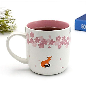 Teagas Elegant Pink Cherry Blossom Fox Ceramic Fox Coffee Mug Cup, Gift for Friend Teacher Cousin