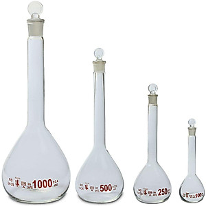 Volumetric Flask Set - 4 Sizes - 100, 250, 500, and 1000ml, 3.3 Boro Glass, Class A, Ground Stopper, Karter Scientific 213W18