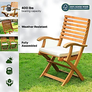 IDZO, Percy Wood Folding Chairs Heavy Duty 400lbs Capacity Set of 2 w/Cushion, FSC Acacia Outdoor Furniture, Teak Finish, Fully Assembled, Beige