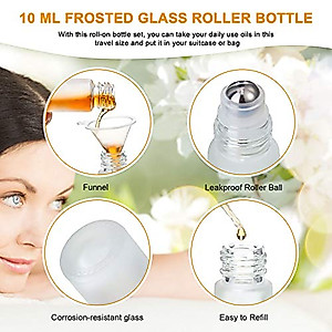 10 Piece Frosted Glass Roller Bottle Bulk with Imitation Wood Grain Plastic Cap for Essential Oils Roll-on Bottle with Stainless Steel Roller Ball, 10 Piece Plastic Pipette and 2 Piece Funnel (5ml)