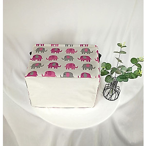 HUAYEE Elephant Print Rectangular Storage Bin Shelf Basket Canvas Fabric Toy Box,Waterproof Coating Nursery Hamper with Handles,Gift Basket for Home,Office,Clothes,Books(pink grey elephant)