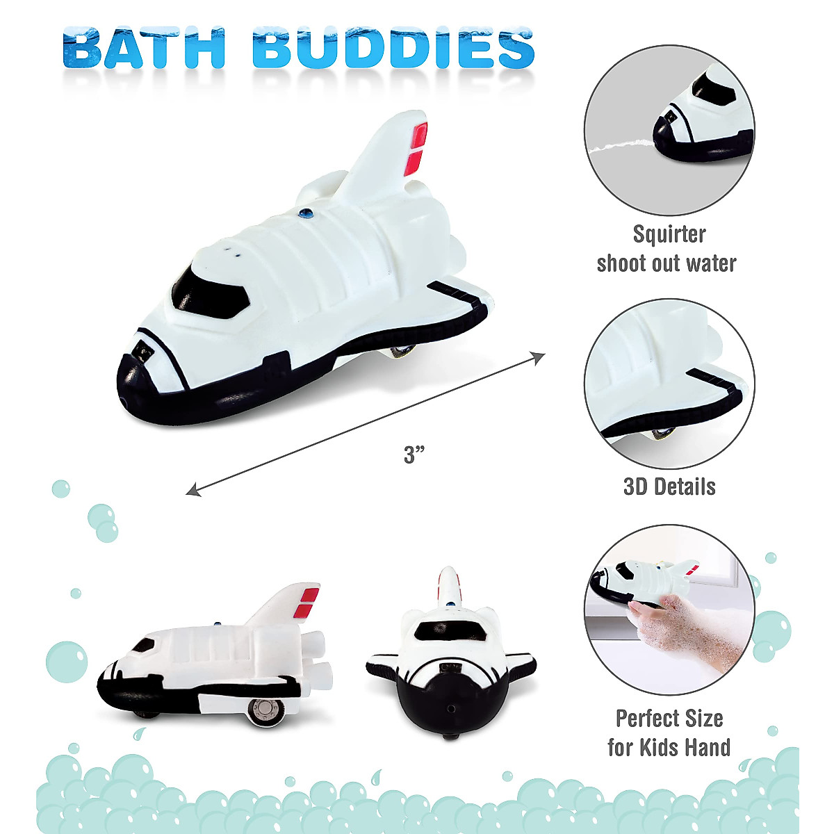DolliBu Space Shuttle Bath Buddy Squirter - Floating Space Shuttle Rubber Bath Toy, Fun Water Squirting Bathtime Play for Toddlers, Space Plane Toy for Bathtub, Beach, & Pool for Girls & Boys 3 Inch