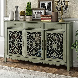 Retro Style Sideboard Console Table, Free Standing Kitchen Storage Sideboard Dining Buffet Server Cabinet, 59.8'' Console Table Sofa Table 3 Drawers, 3 Cabinets and Adjustable Shelves (Green + MDF)