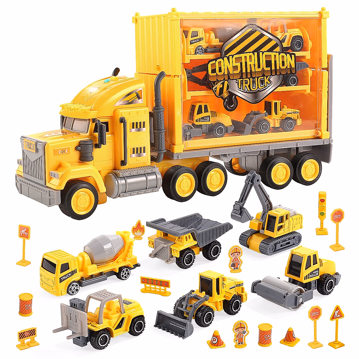 22 in 1 Construction Trucks Push and Go Car Carrier Truck Toy with Mini Alloy Diecast Trucks, Play Vehicles Set with Sounds and Lights, Gifts for Boys Toddler Kids