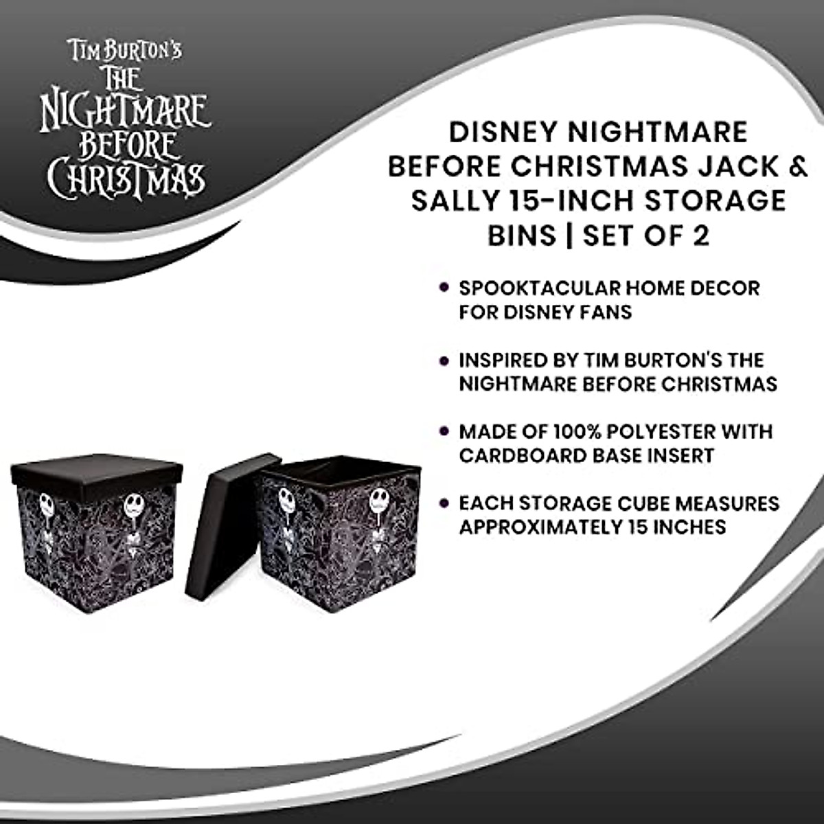 Disney The Nightmare Before Christmas Jack Skellington 15-Inch Storage Bin Cube Organizers, Set of 2 | Fabric Basket Container, Cubby Closet Organizer, Home Decor for Playroom | Gifts And Collectibles