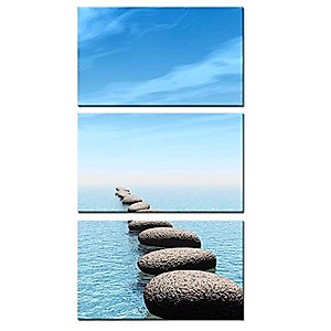 Kreative Arts - Zen Stone Canvas Wall Art Seascape Picture Prints Vertical Triptych Stretched on Wood Frame for Home and Office Decor Wall Hanging 12x20inchx3pcs