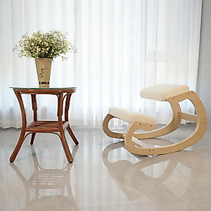 QIUJIARUI Ergonomic Kneeling Chair with Comfort Cushion，Wooden Rocking Seat for Improved Posture – Perfect for Home and Office Use (Beige)