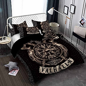YCYR 3D Print Thor's Hammer Bedding Set, Norse Viking Mjolnir Shield Axes and Valhalla Rune Quilt Covers & Pillowcase Queen Comforter,Black,228 X 228 cm