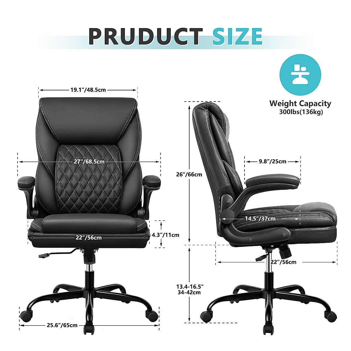 BestEra Office Chair, Executive Leather Chair Home Office Desk Chairs, Ergonomic Computer Desk Chair with Adjustable Flip-Up Arms, Lumber Support Swivel Task Chair with Rocking Function (Black)