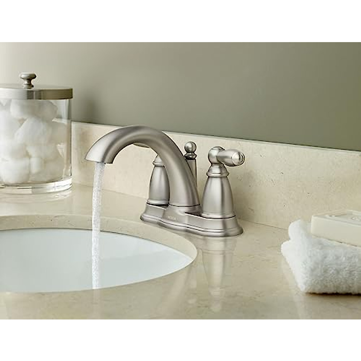 Moen Brantford Brushed Nickel Two-Handle Low-Arc Centerset Bathroom Faucet with Drain Assembly, 6610BN, 0.5