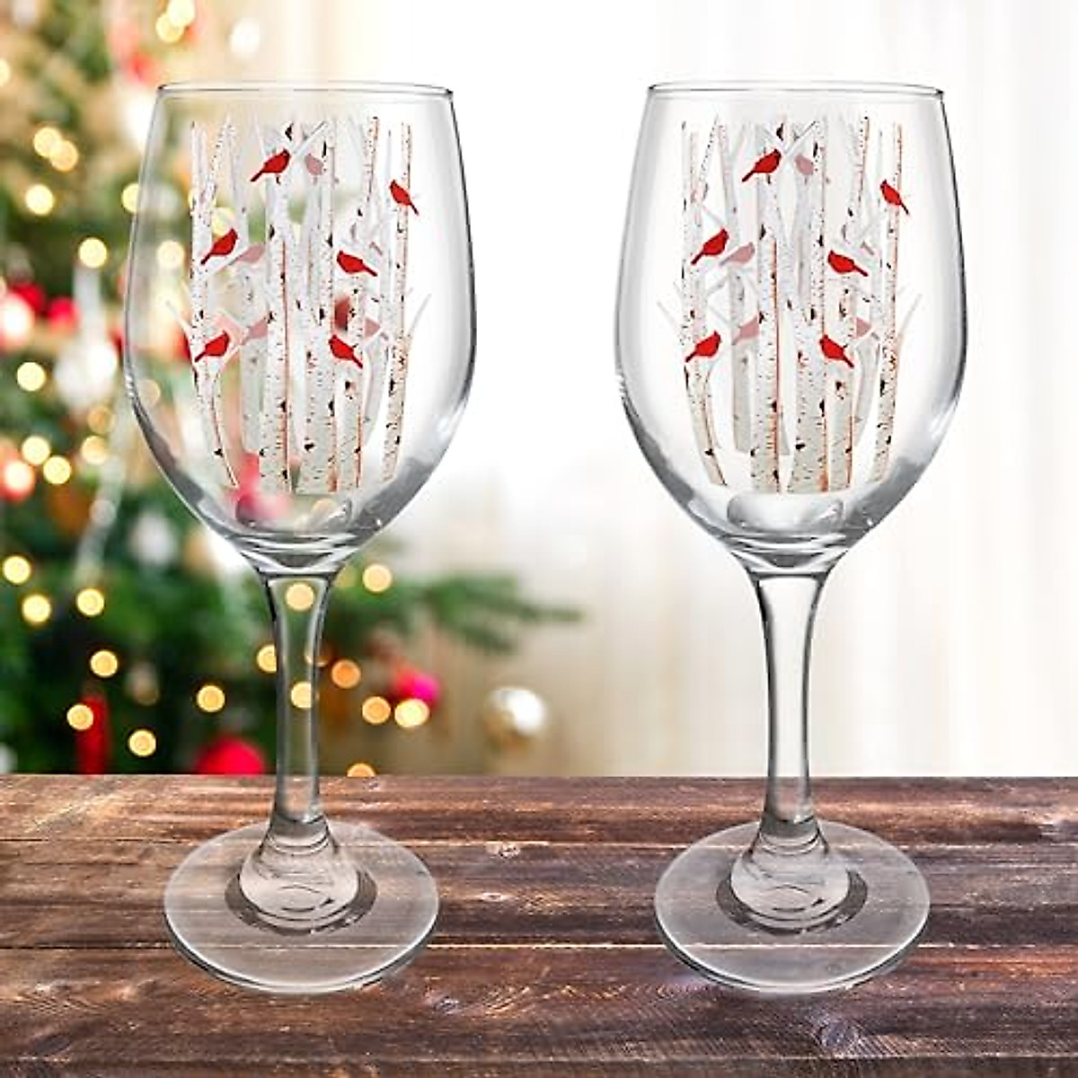 BANBERRY DESIGNS Cardinal Wine Glass - Set of 2 - Stemmed Glasses - Cardinals Perched on White Birch Trees - 7 3/4" Tall 12 oz