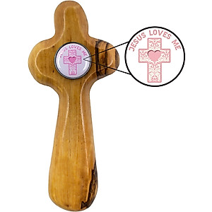 Logos Trading Post Girls Baptism Cross, Holy Land Olive Wood Deluxe Holding Cross from Israel, Wooden Baptismal Ceremony Keepsake Gift in Hard Shell Gift Box with Certificate of Authenticity