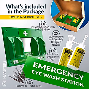MAASTERS BPA Free Portable Eye Wash Station OSHA Approved - Wall-Mounted First Aid Eye Wash Kit w/Mirror & 2X 16oz Empty Bottles - No Eye Wash Solution Included - Emergency Eyewash - Set of 1
