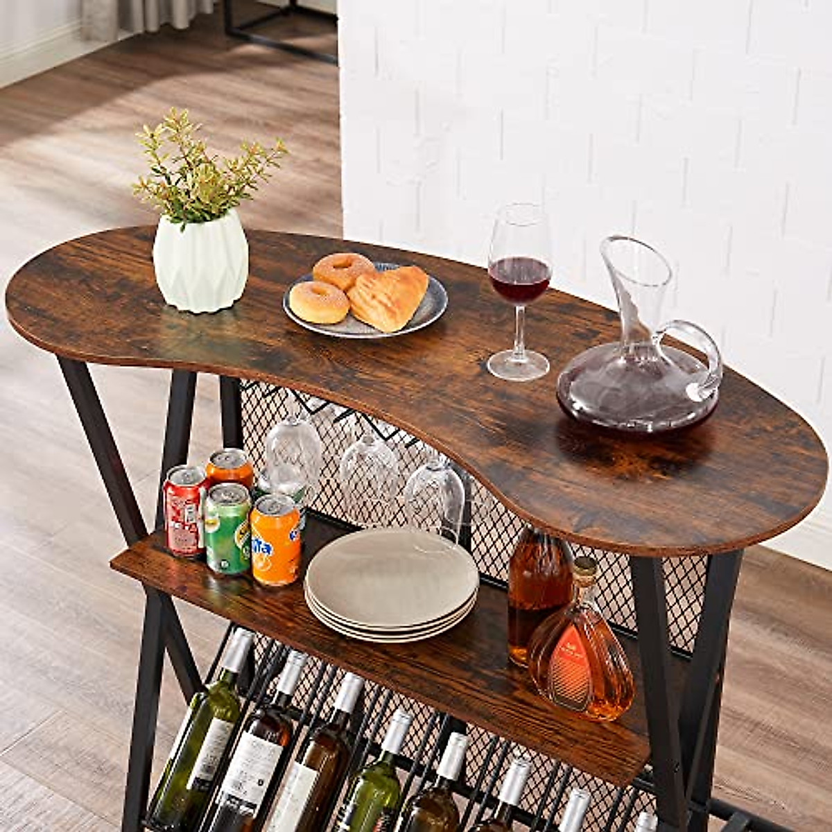 VECELO 3 Tier Oval Table Versatile Use Bar Cabinet with Open Storage Display Shelf and Footrail, Brown