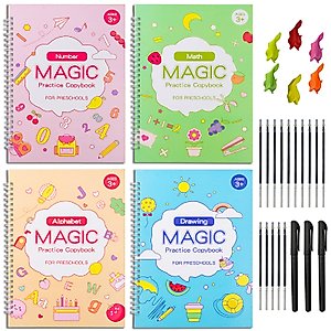 PHUSBLAY 4Pc Large Magic Practice Copybook for Kids,Cursive Workbook and Activity Book for Ages 3-5, Tracing Letters Numbers, Math, Kindergarten Sight Words for Kids(‎12.13 x 8.43 IN)