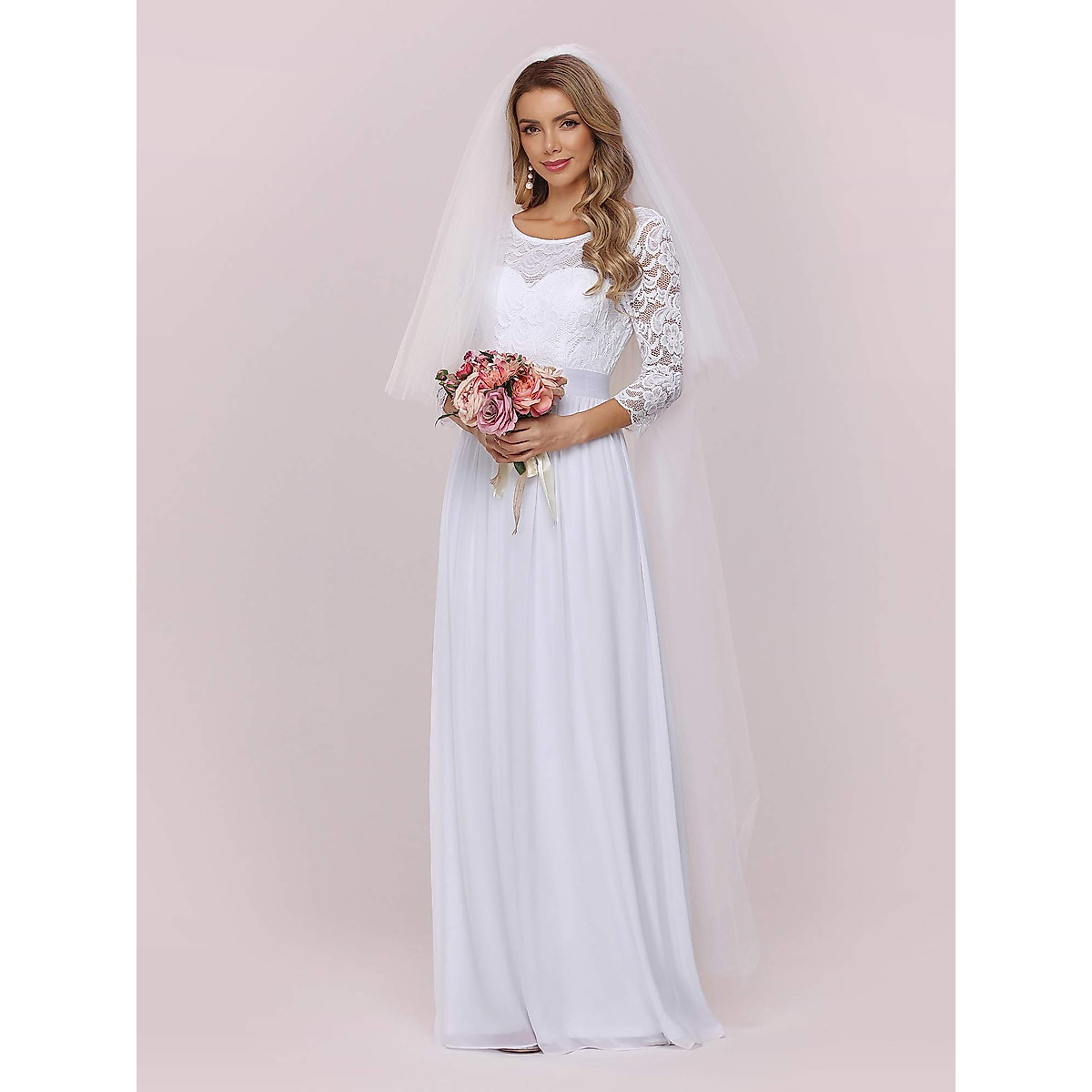 Ever-Pretty Women's Winter Long Elegant Lace A-Line Wedding Dresses for Bride White US14